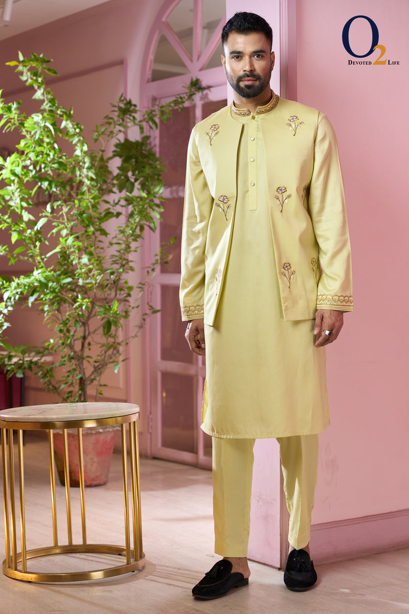 Lemon Yellow Silk Panjabi Set With Ethnic Vest – o2fashions